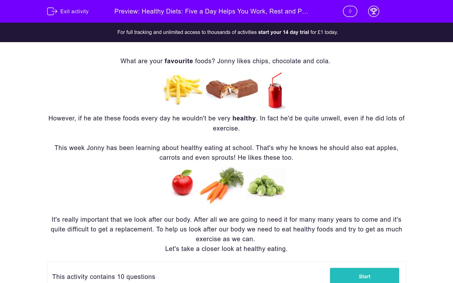 Healthy Diets: Five a Day Helps You Work, Rest and Play Worksheet - EdPlace