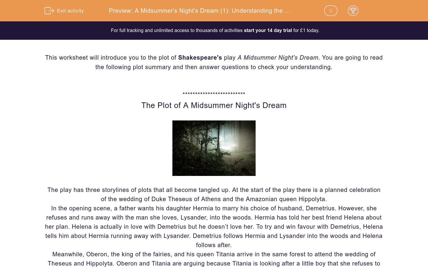 A Midsummer's Night's Dream (1): Understanding the Plot Worksheet - EdPlace