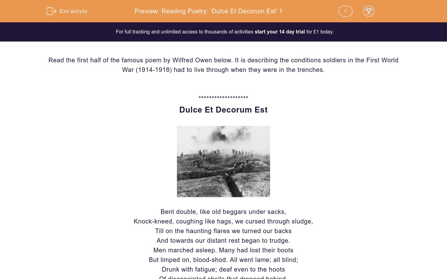 Reading Poetry: 'Dulce Et Decorum Est' 1 Worksheet - EdPlace