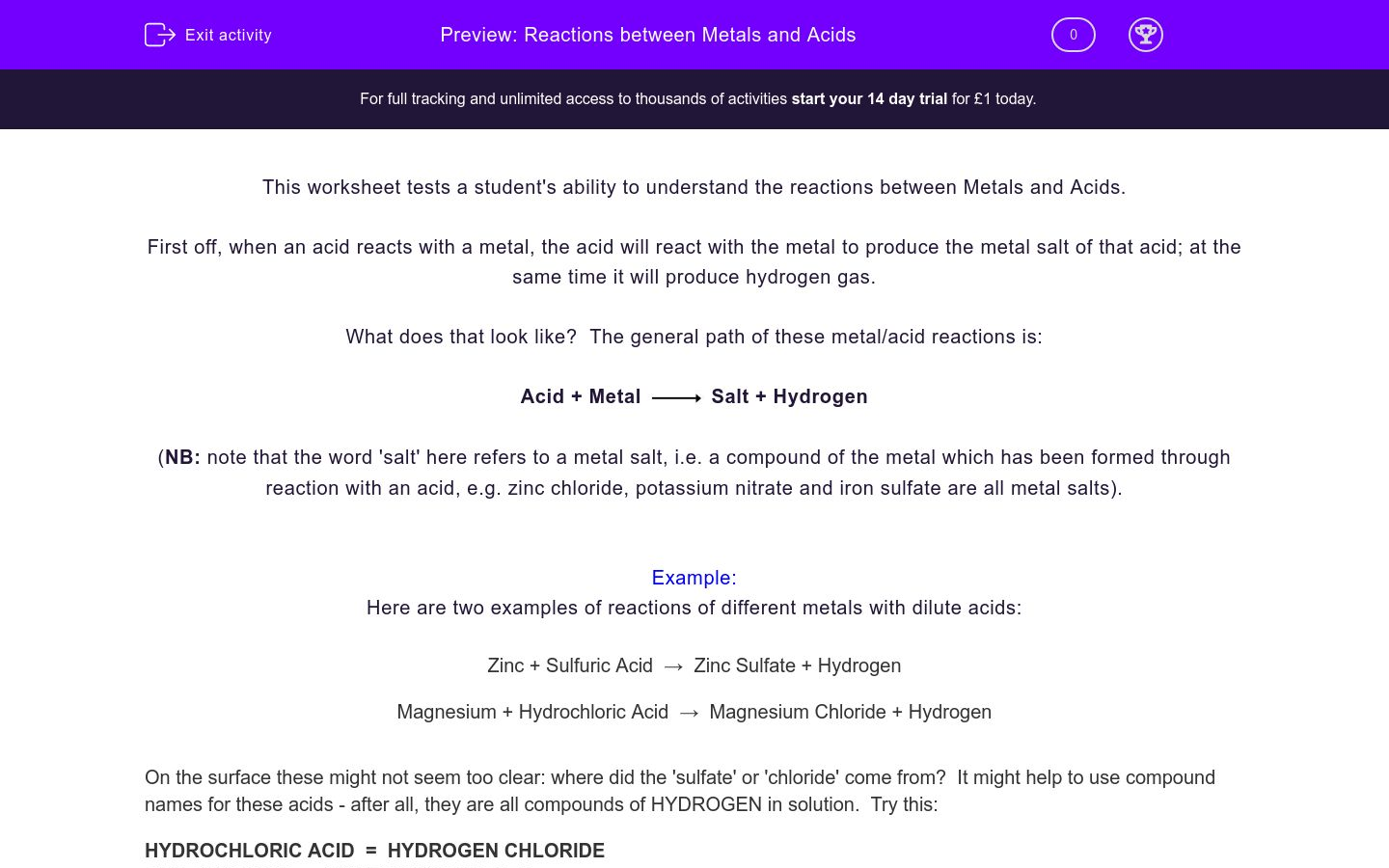 Reactions between Metals and Acids Worksheet - EdPlace