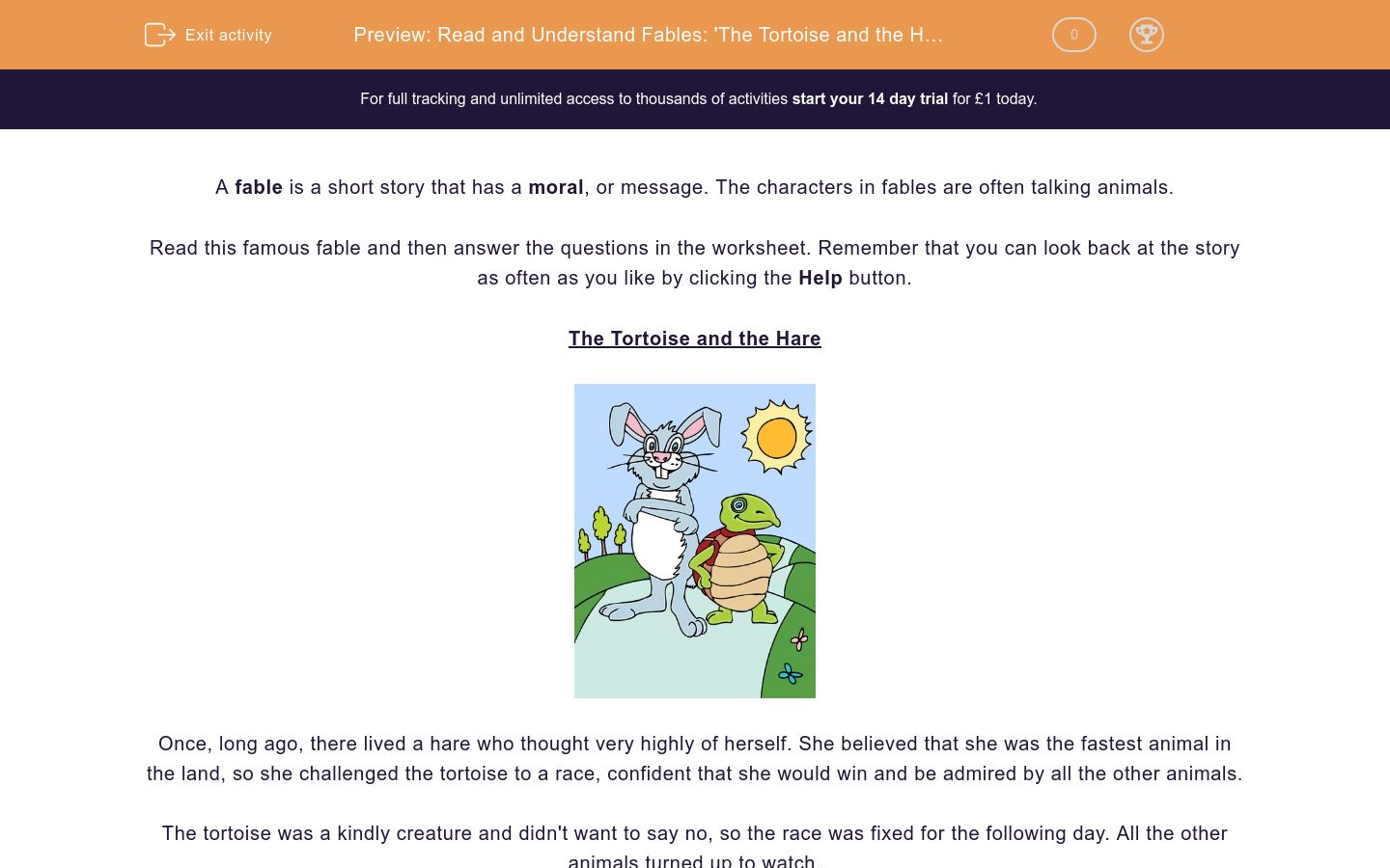 Read and Understand Fables: 'The Tortoise and the Hare' Worksheet - EdPlace