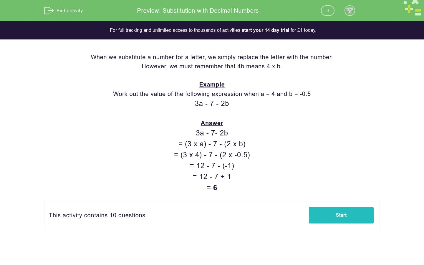 Substitution with Decimal Numbers Worksheet - EdPlace