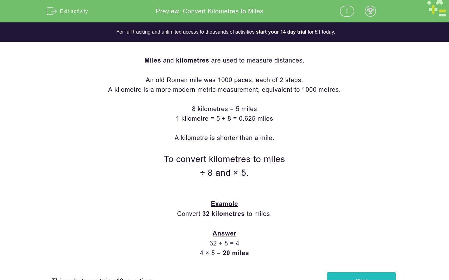 Convert Kilometres to Miles Worksheet - EdPlace