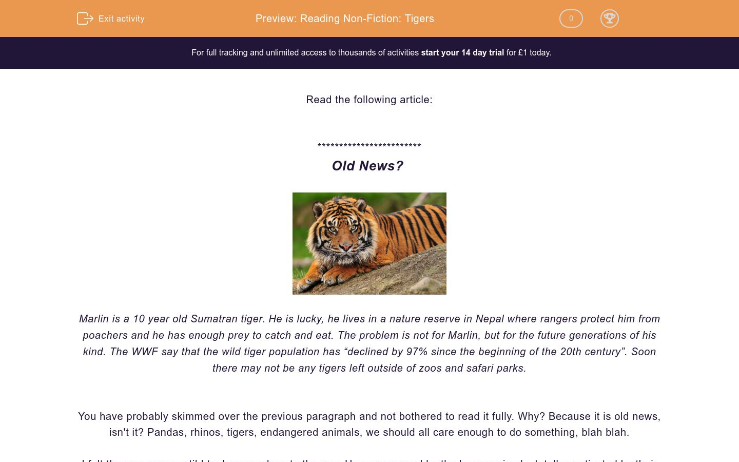 Reading Non-Fiction: Tigers Worksheet - EdPlace