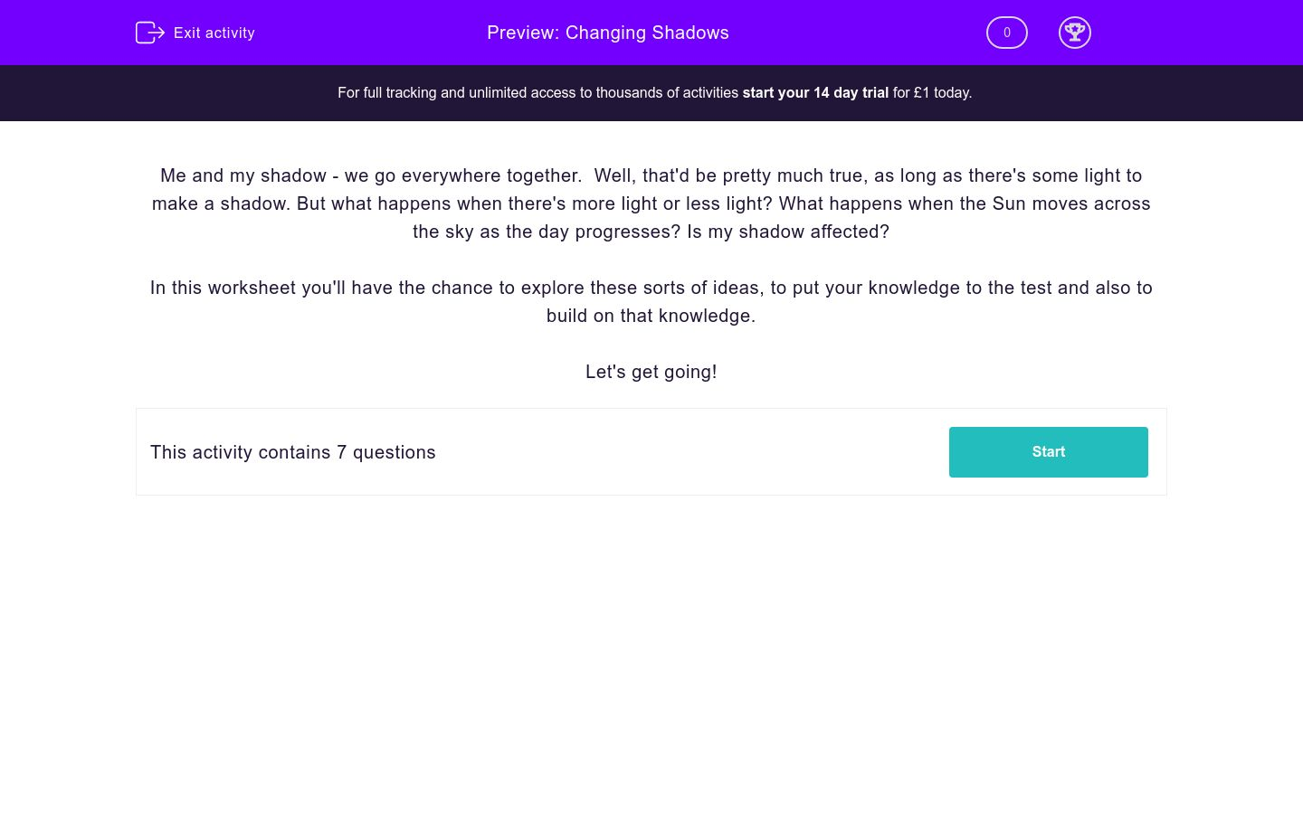 Changing Shadows Worksheet - EdPlace