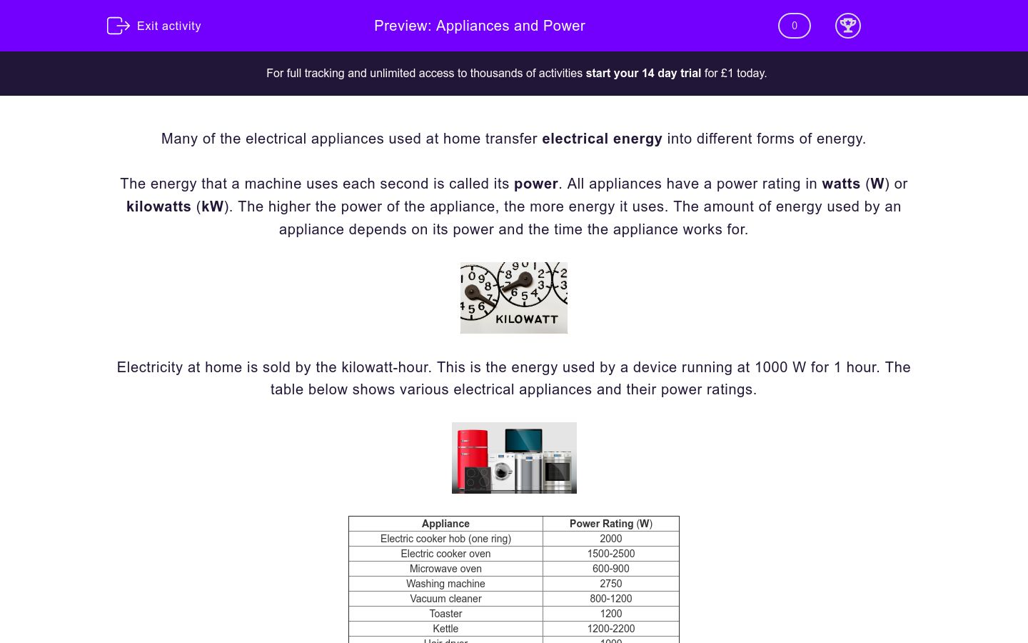 Appliances and Power Worksheet - EdPlace