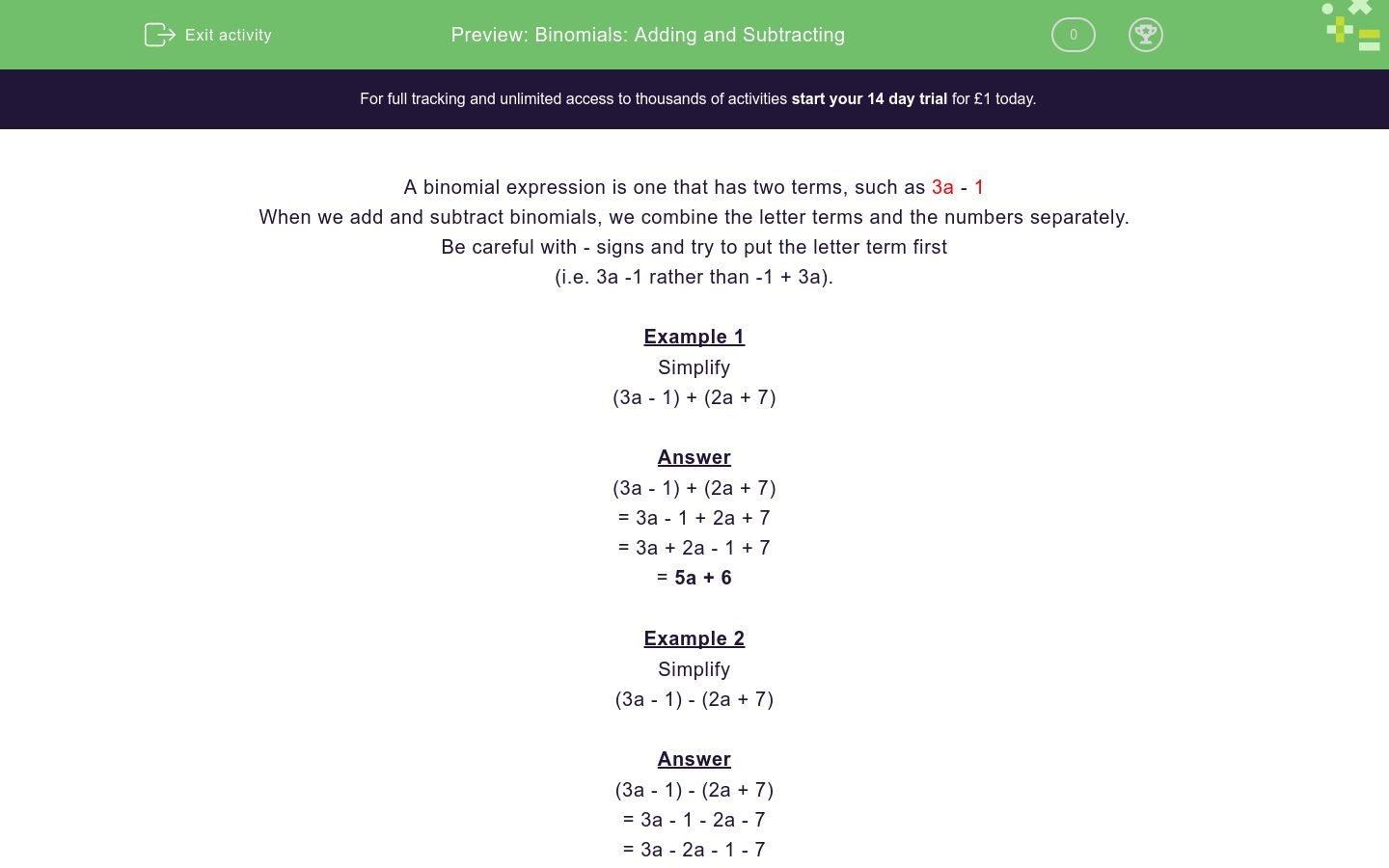 Binomials Adding And Subtracting Worksheet EdPlace