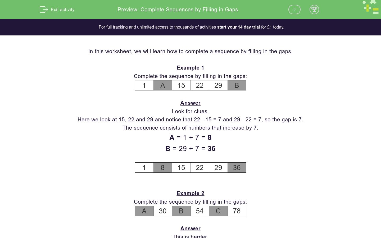 Complete Sequences by Filling in Gaps Worksheet - EdPlace