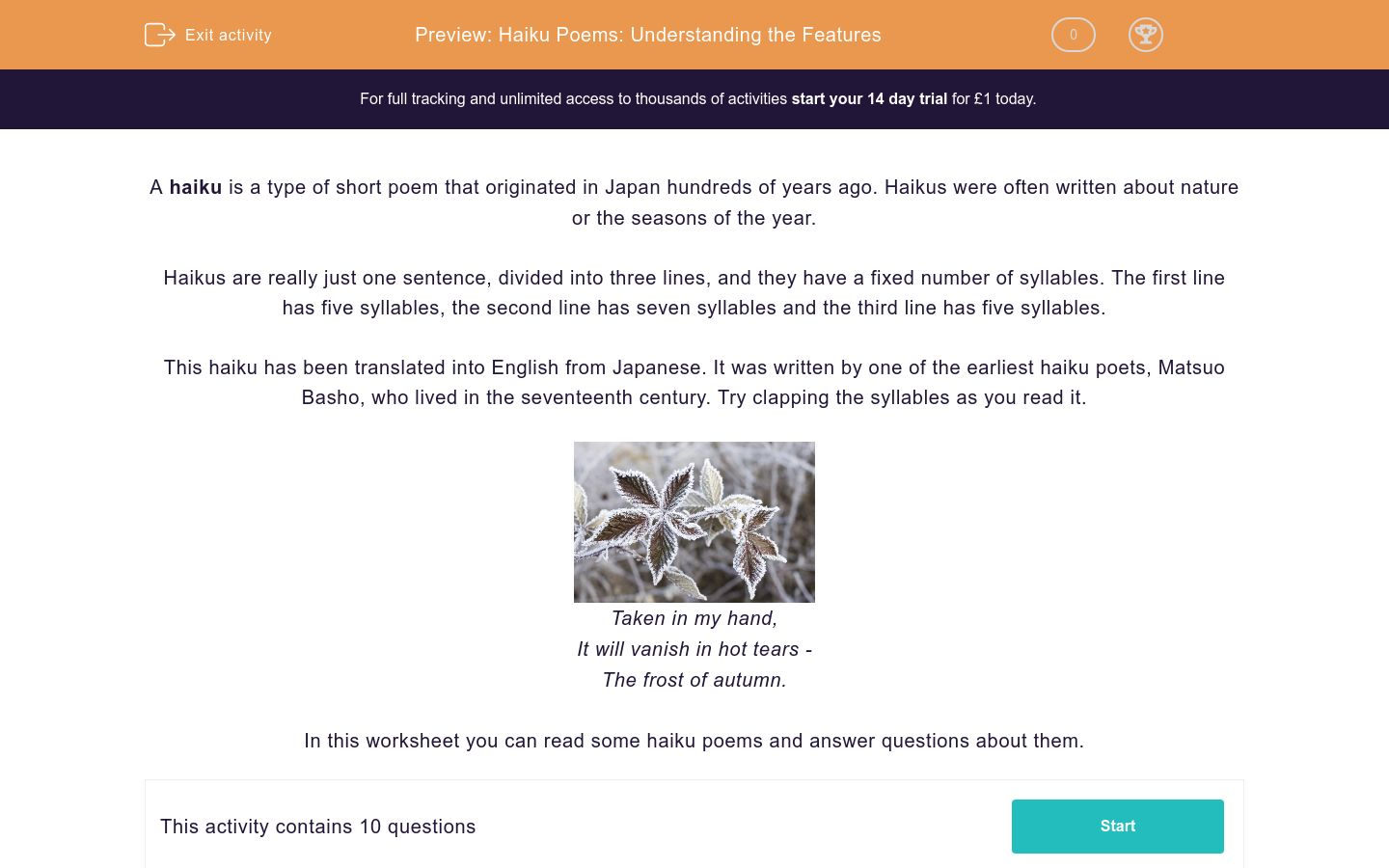 Haiku Poems: Understanding the Features Worksheet - EdPlace
