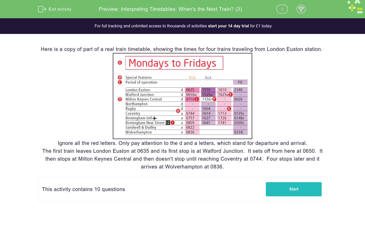 Interpreting Timetables: When's the Next Train? (3) Worksheet - EdPlace