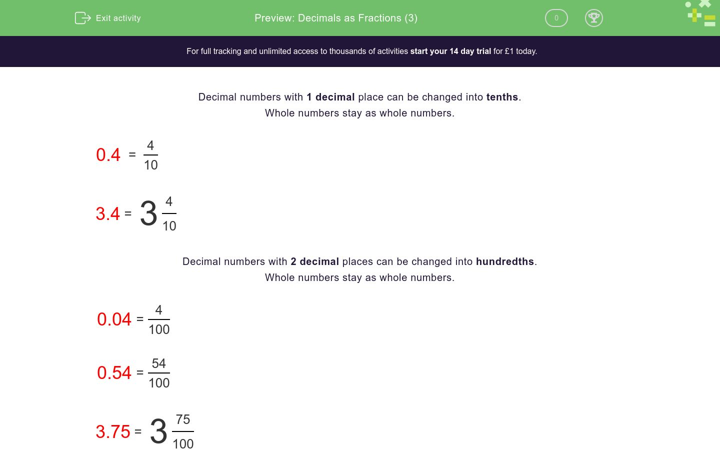 Decimals as Fractions (3) Worksheet - EdPlace