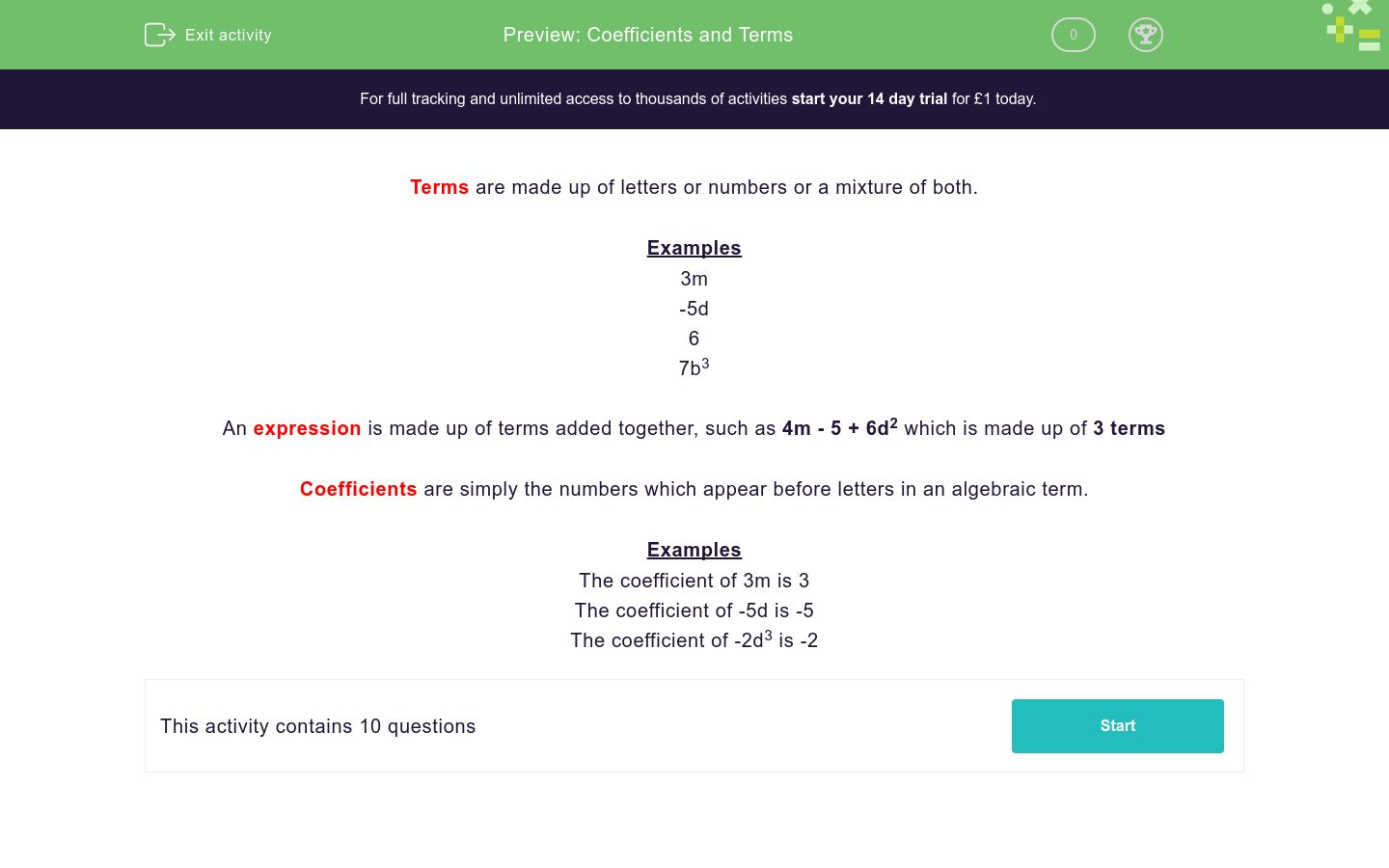 Coefficients and Terms Worksheet - EdPlace