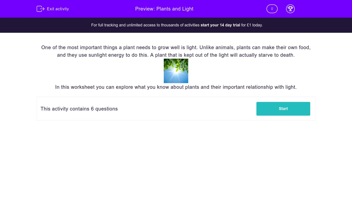 Plants and Light Worksheet - EdPlace