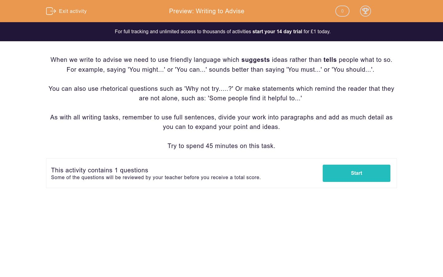 Writing to Advise Worksheet - EdPlace