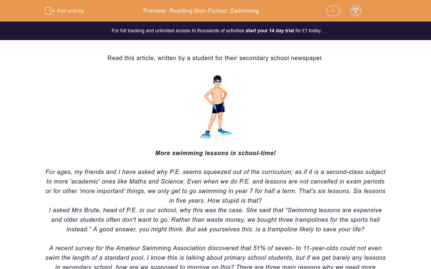 Reading Non-Fiction: Swimming Worksheet - EdPlace