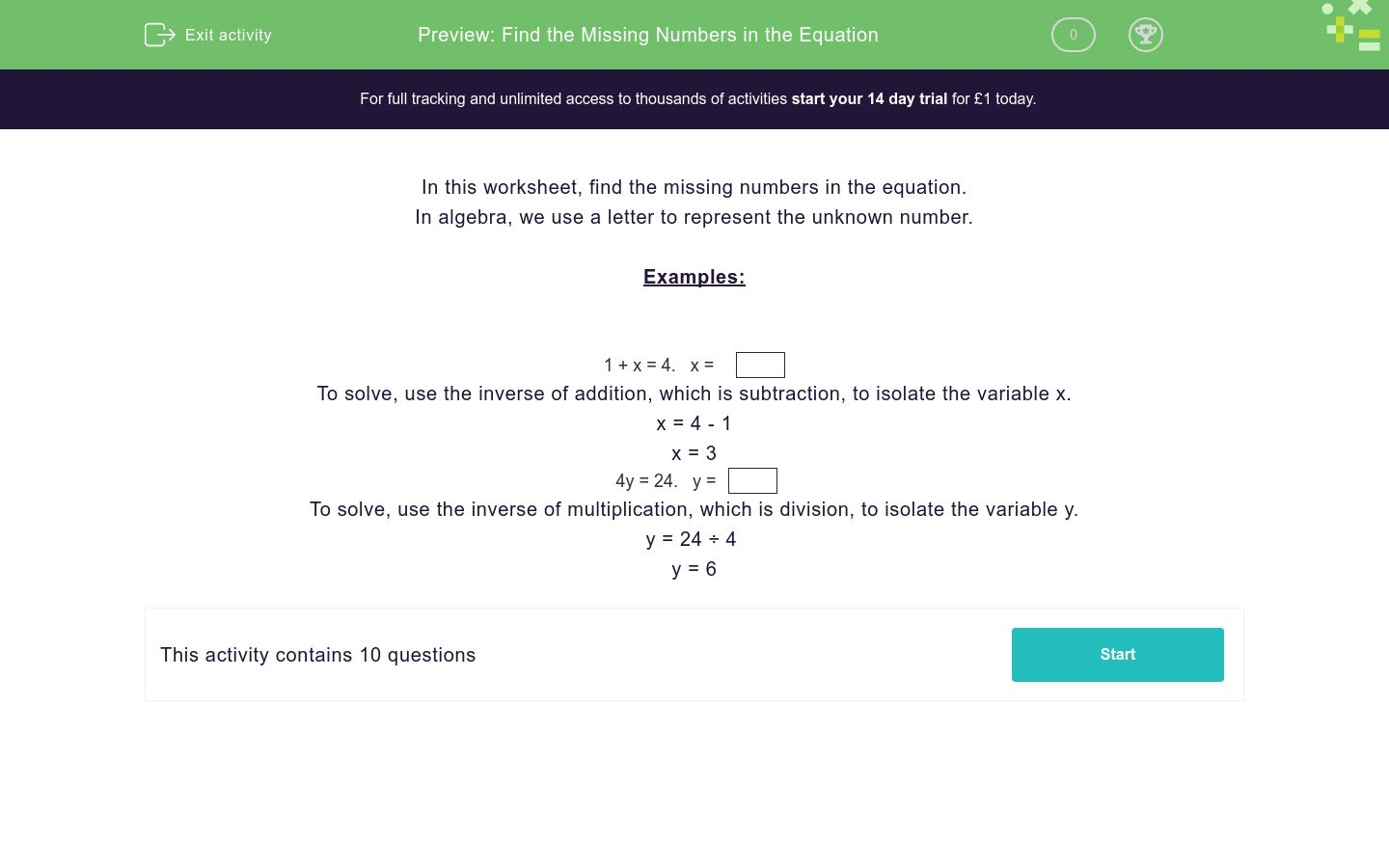 Find The Missing Numbers In The Equation Worksheet EdPlace