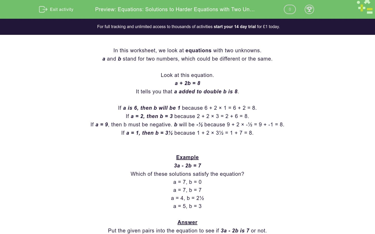 Equations: Solutions to Harder Equations with Two Unknowns Worksheet ...
