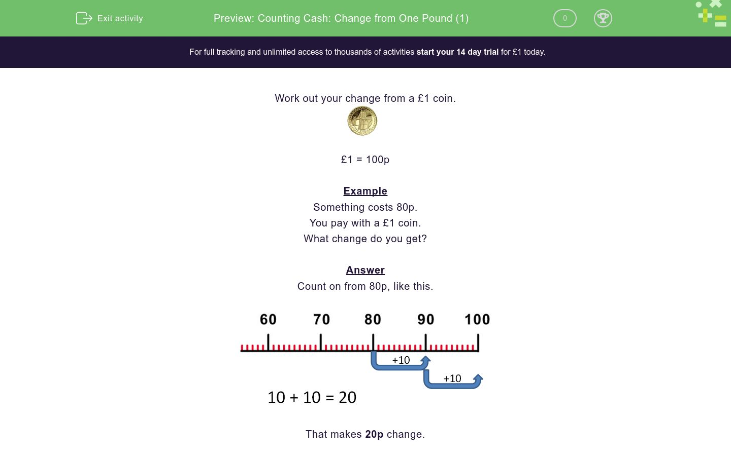 Counting Cash: Change from One Pound (1) Worksheet - EdPlace