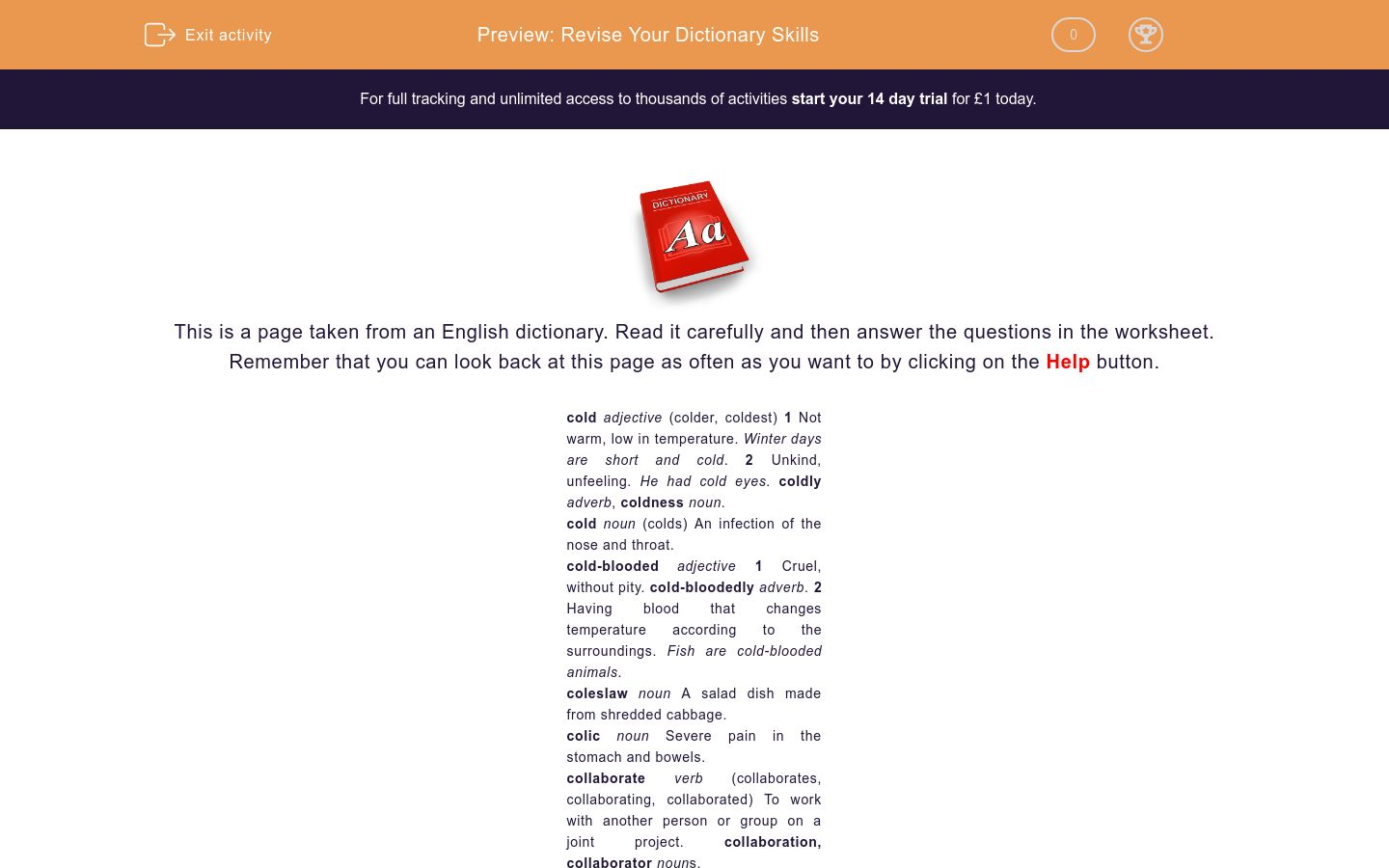 Revise Your Dictionary Skills Worksheet - EdPlace
