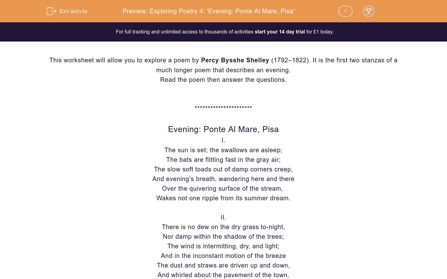 Exploring Poetry 4: 'Evening: Ponte Al Mare, Pisa' Worksheet - EdPlace