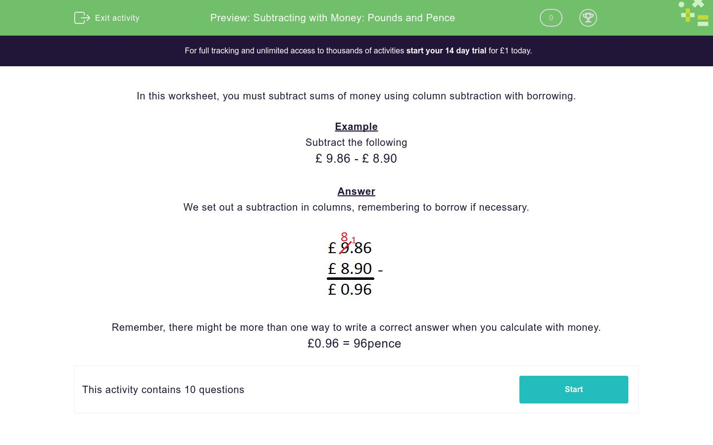 Subtracting with Money: Pounds and Pence Worksheet - EdPlace