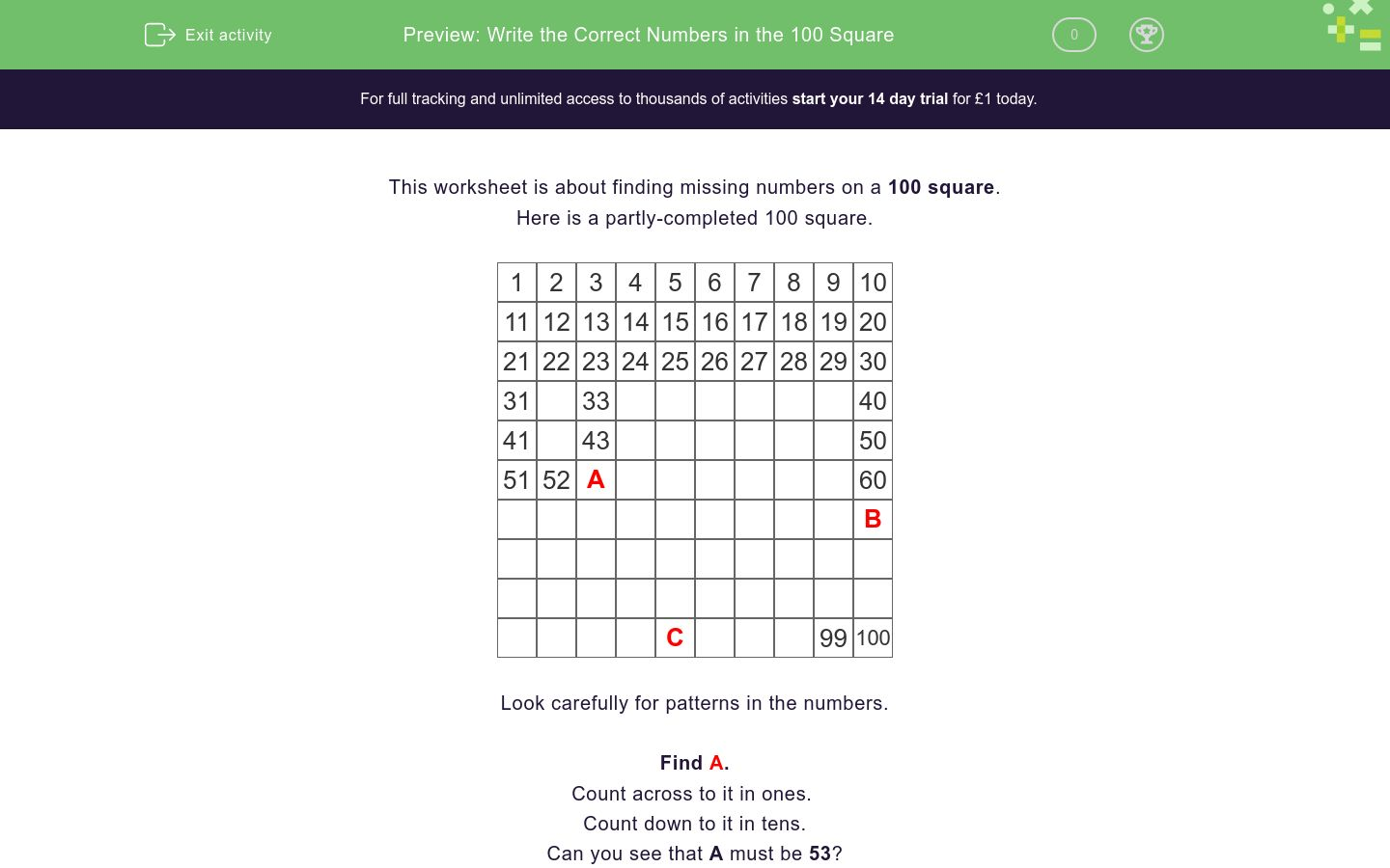 Write the Correct Numbers in the 100 Square Worksheet - EdPlace