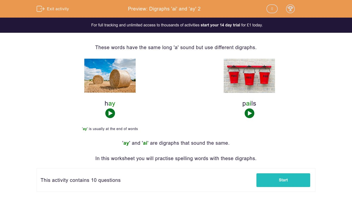 Digraphs 'ai' and 'ay' 2 Worksheet - EdPlace