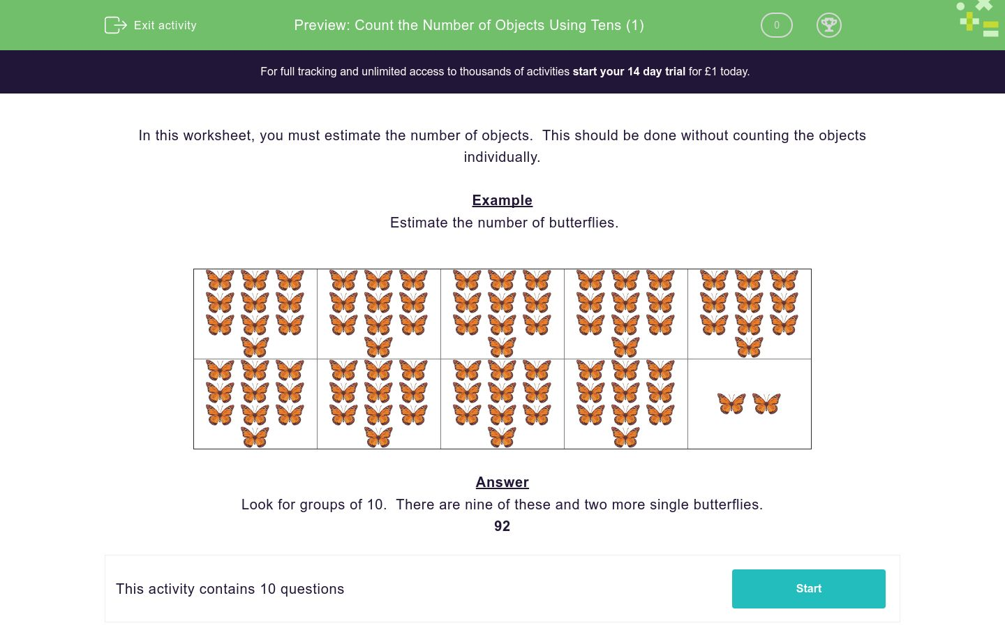 Count the Number of Objects Using Tens (1) Worksheet - EdPlace