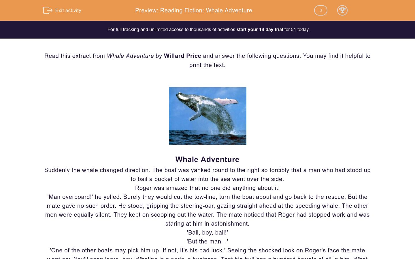 Reading Fiction: Whale Adventure Worksheet - EdPlace