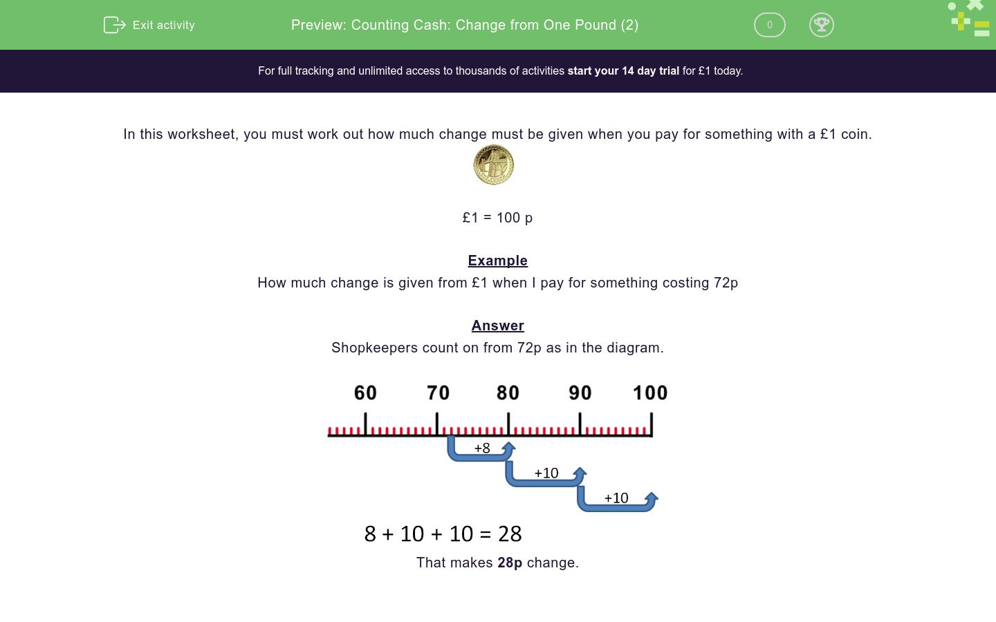 Counting Cash: Change from One Pound (2) Worksheet - EdPlace