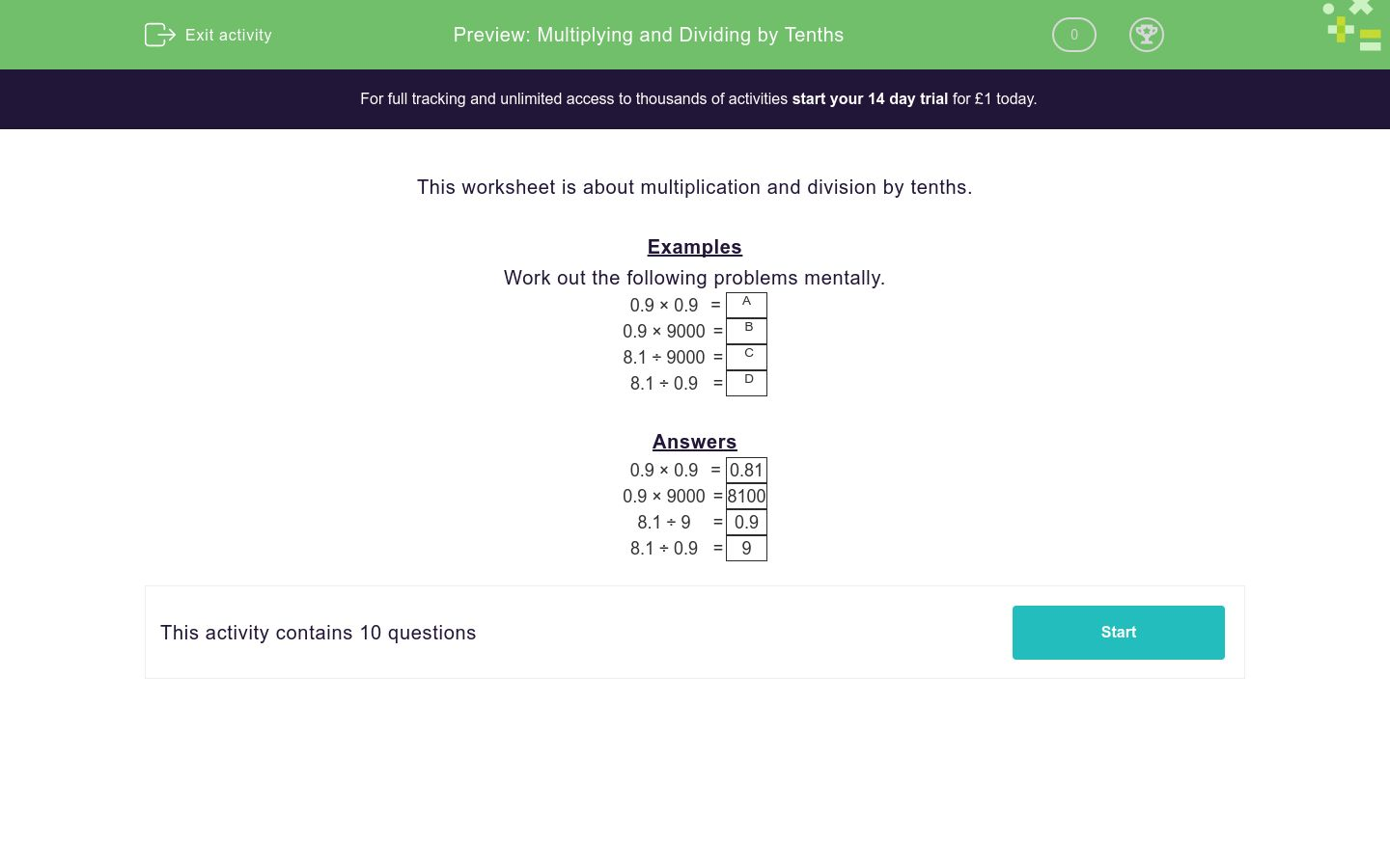 Multiplying and Dividing by Tenths Worksheet - EdPlace