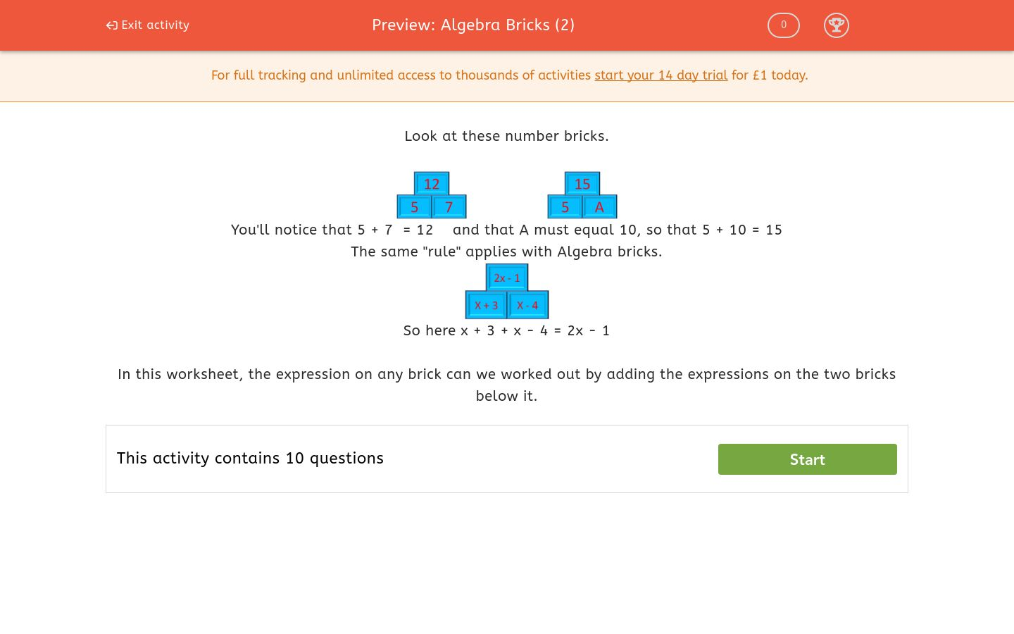 Algebra Bricks (2) Worksheet - EdPlace