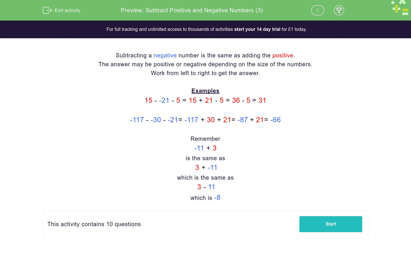 Subtract Positive and Negative Numbers (3) Worksheet - EdPlace