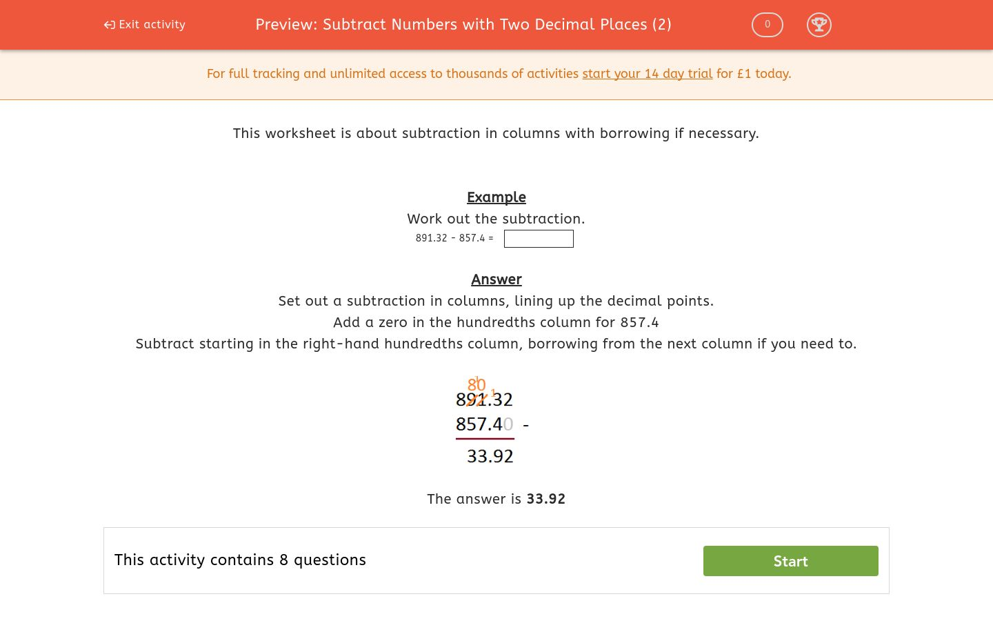 Subtract Numbers with Two Decimal Places (2) Worksheet - EdPlace