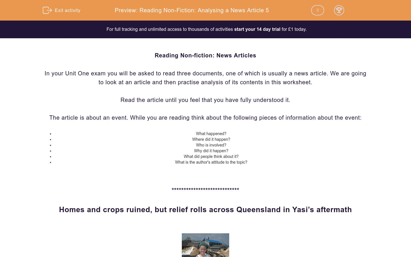 Reading Non-Fiction: Analysing a News Article 5 Worksheet - EdPlace