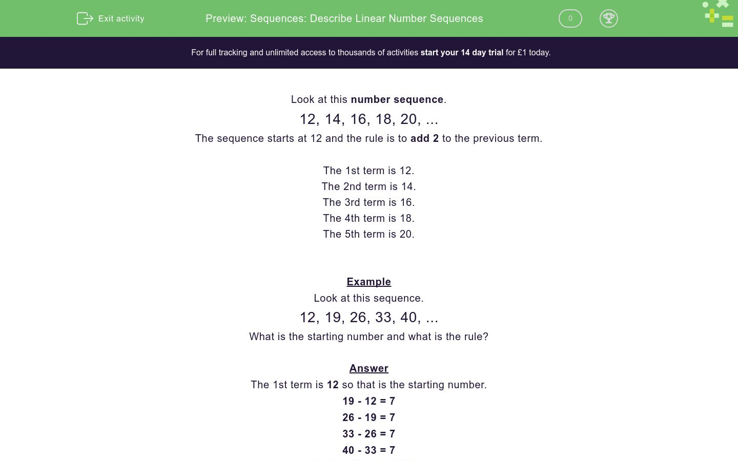 Sequences: Describe Linear Number Sequences Worksheet - EdPlace