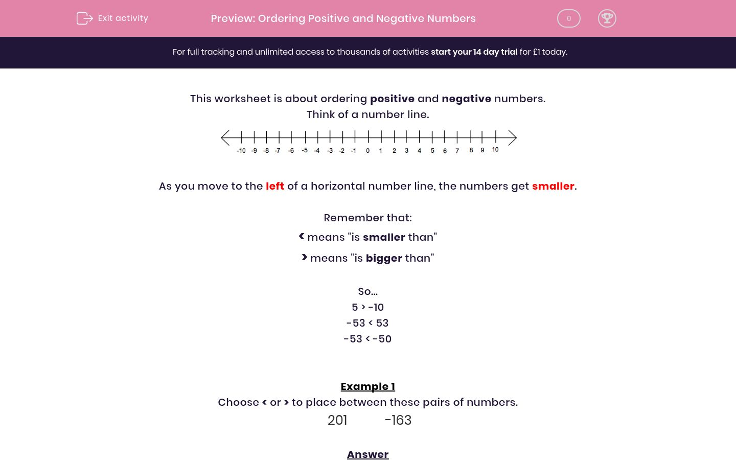 Ordering Positive and Negative Numbers Worksheet - EdPlace