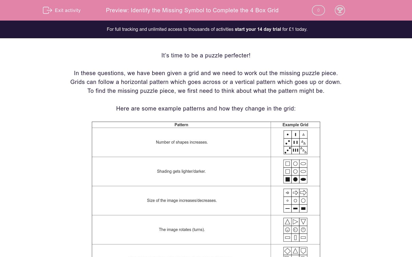 Identify the Missing Symbol to Complete the 4 Box Grid Worksheet - EdPlace