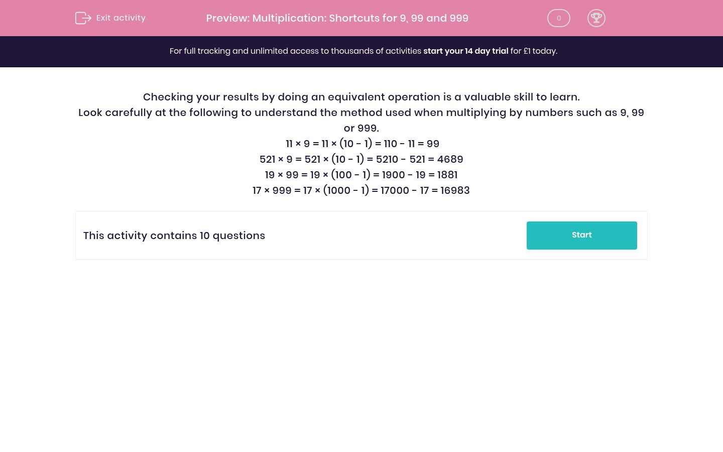 Multiplication: Shortcuts for 9, 99 and 999 Worksheet - EdPlace