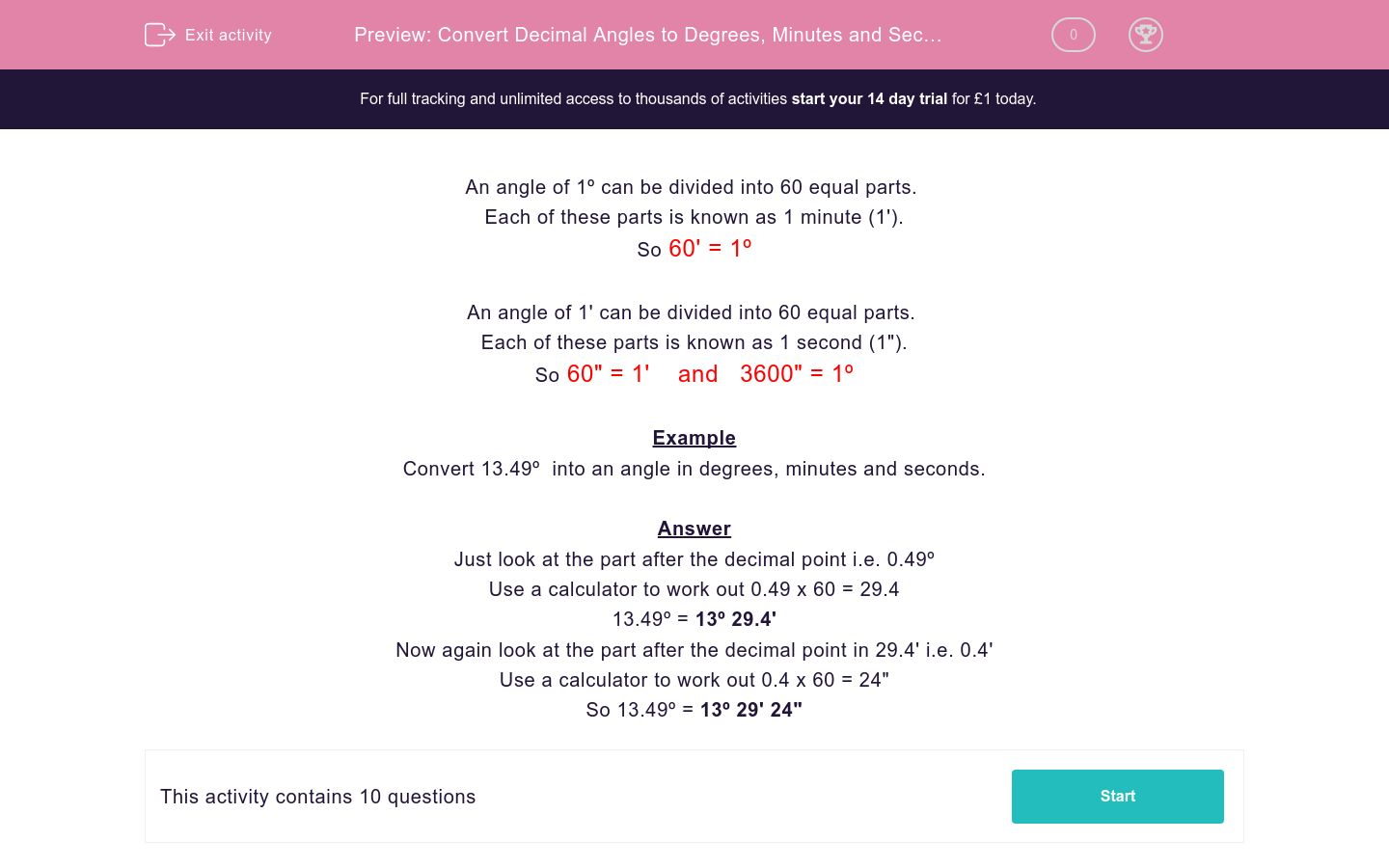 Convert Decimal Angles to Degrees, Minutes and Seconds Worksheet - EdPlace
