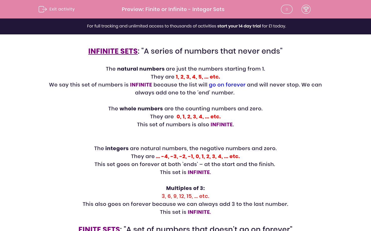 Finite Or Infinite Integer Sets Worksheet Edplace
