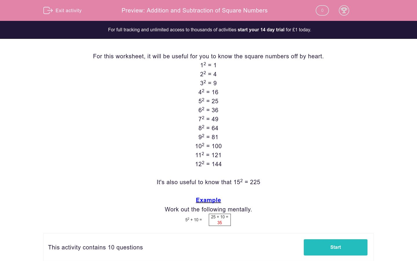 Addition and Subtraction of Square Numbers Worksheet - EdPlace