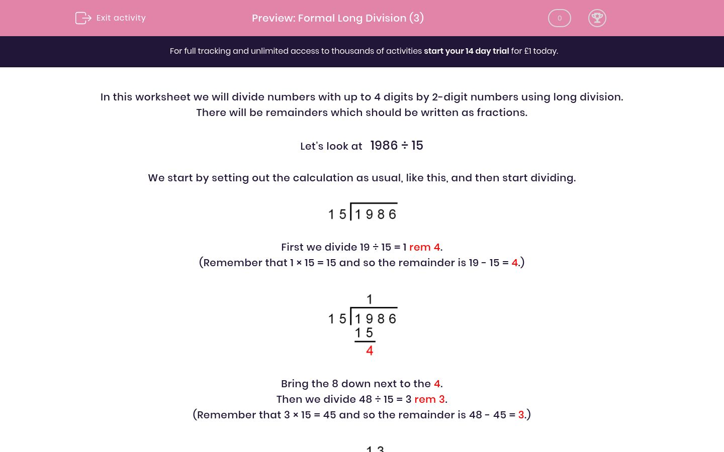 Formal Long Division (3) Worksheet - EdPlace