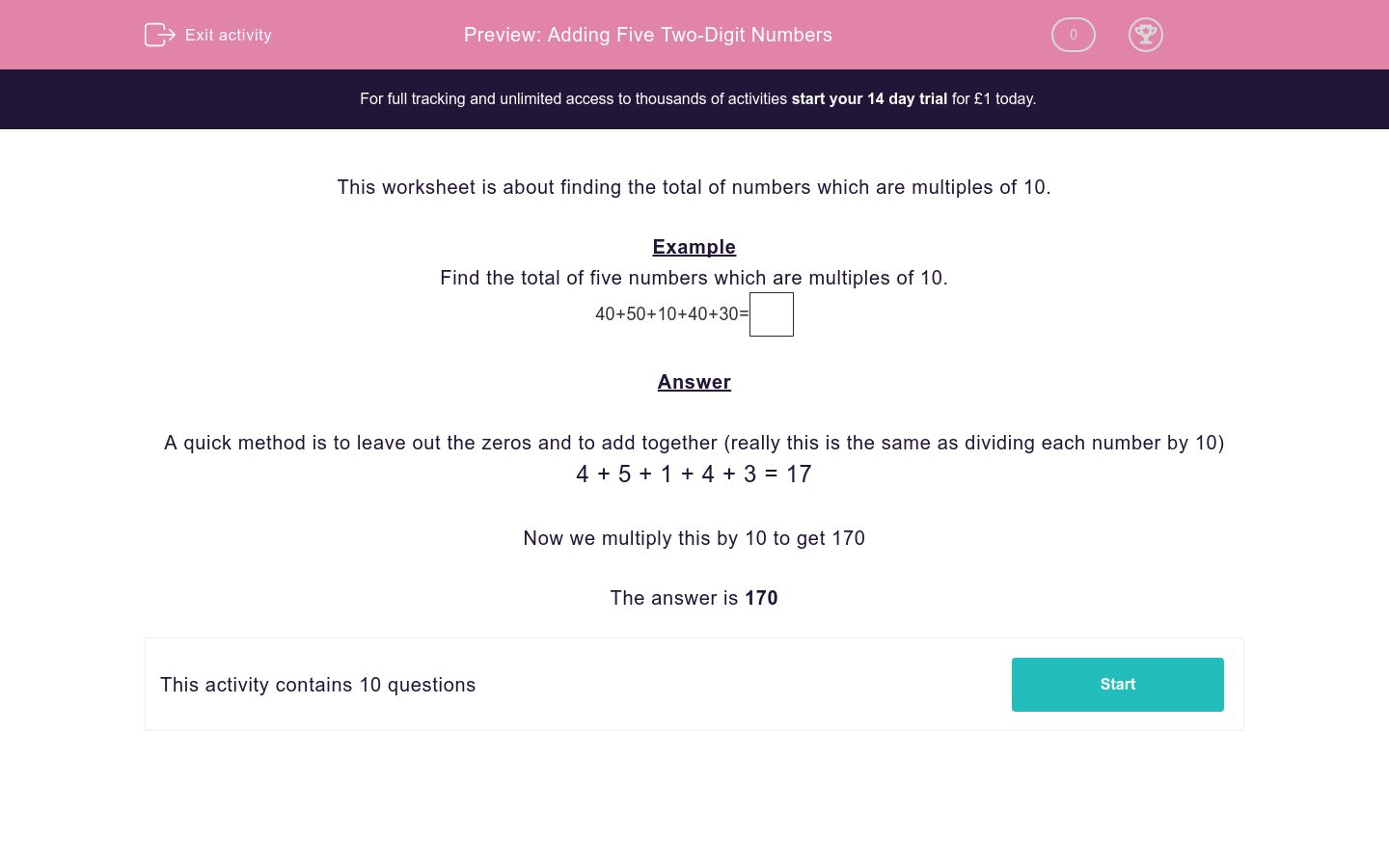 Adding Five Two-Digit Numbers Worksheet - EdPlace