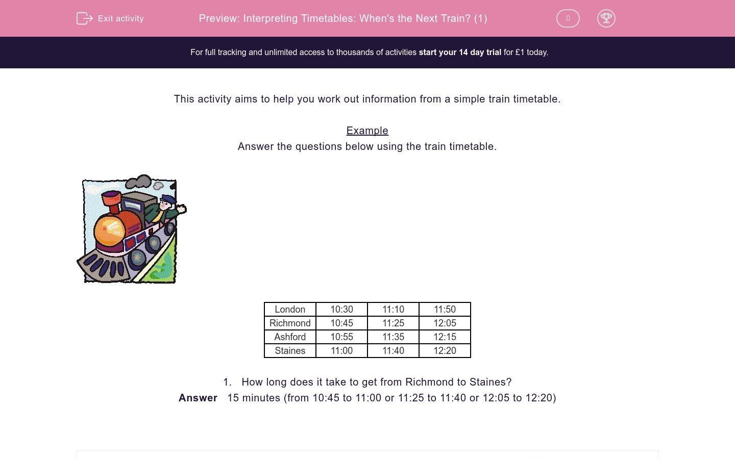 Interpret Timetables: When's the Next Train? (1) Worksheet - EdPlace