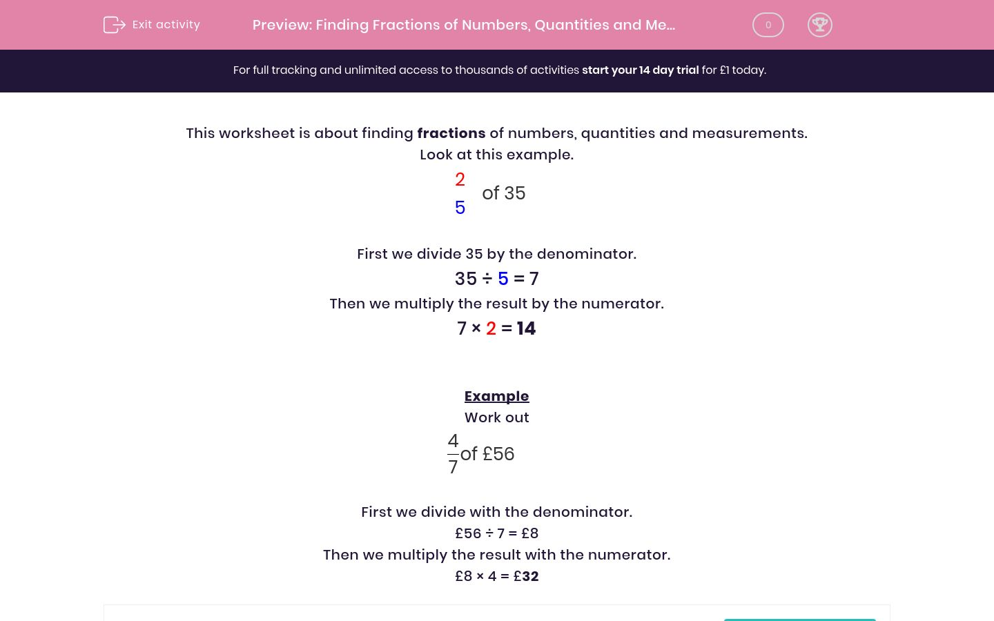 Finding Fractions of Numbers, Quantities and Measurements Worksheet ...