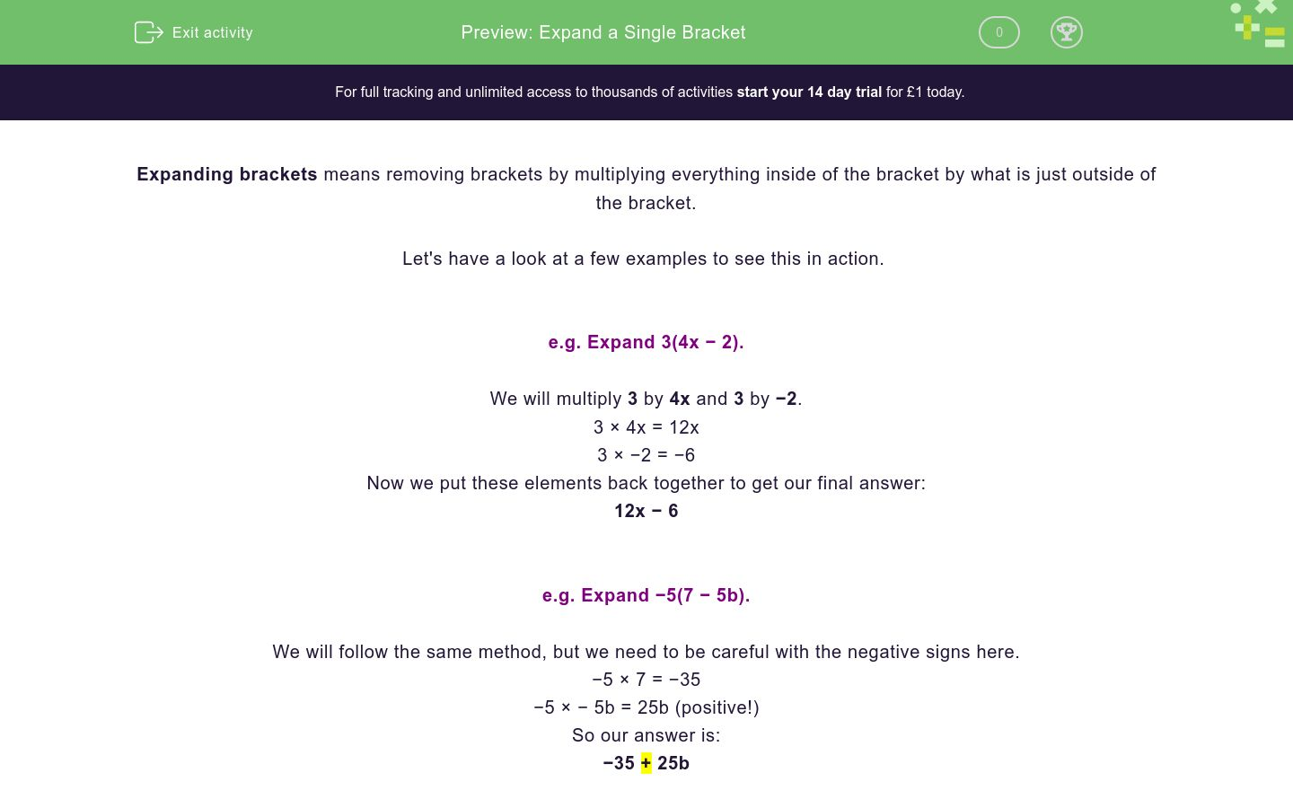 Expand a Single Bracket Worksheet - EdPlace
