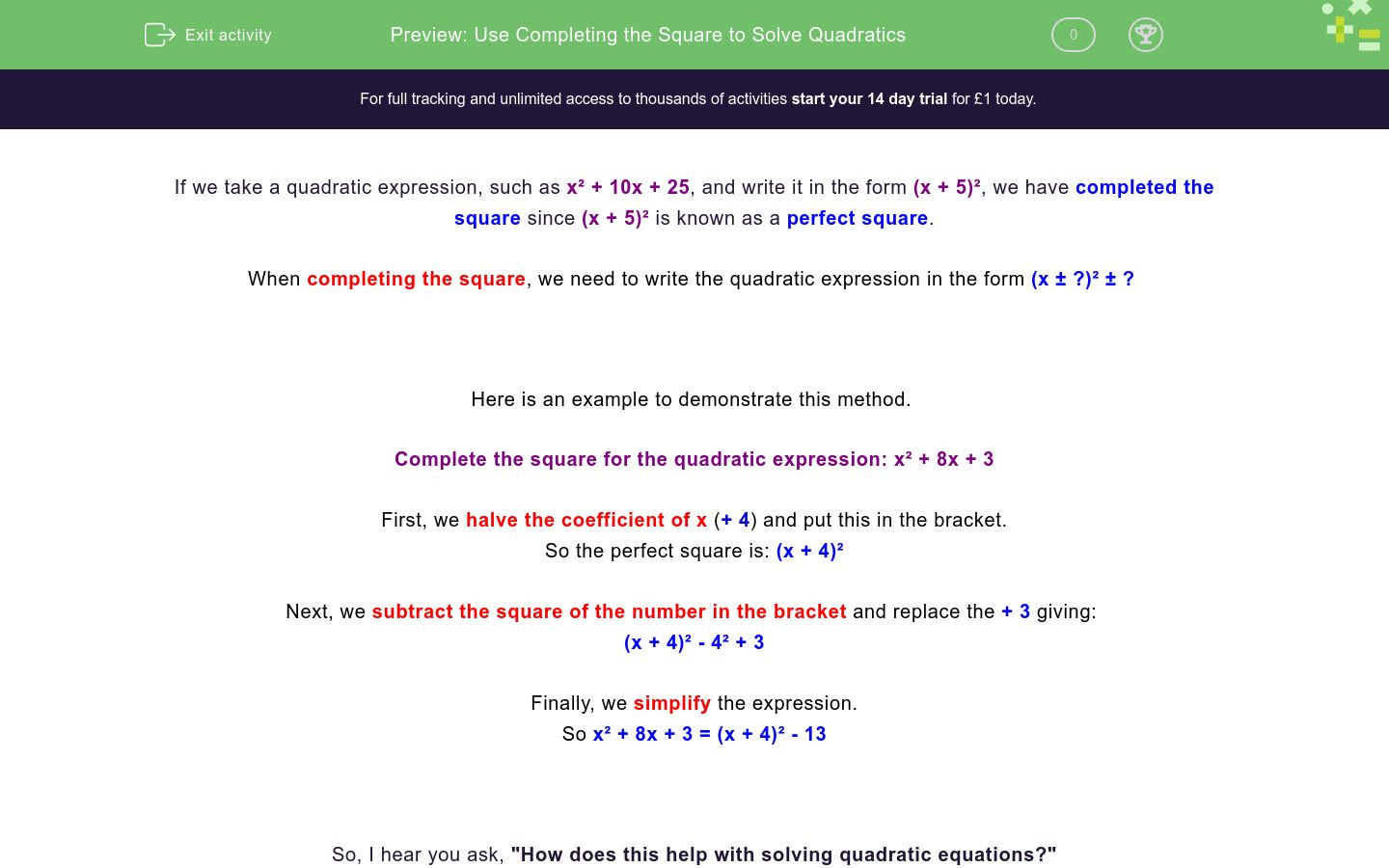 Use Completing the Square to Solve Quadratics Worksheet - EdPlace