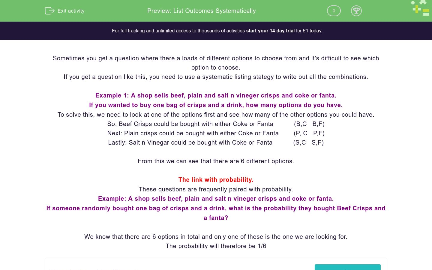 List Outcomes Systematically Worksheet - EdPlace