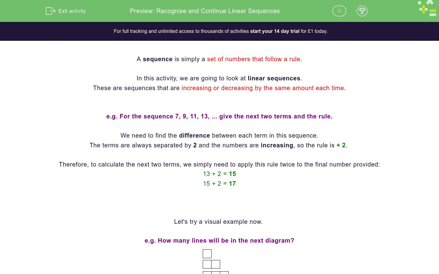 Recognise and Continue Linear Sequences Worksheet - EdPlace